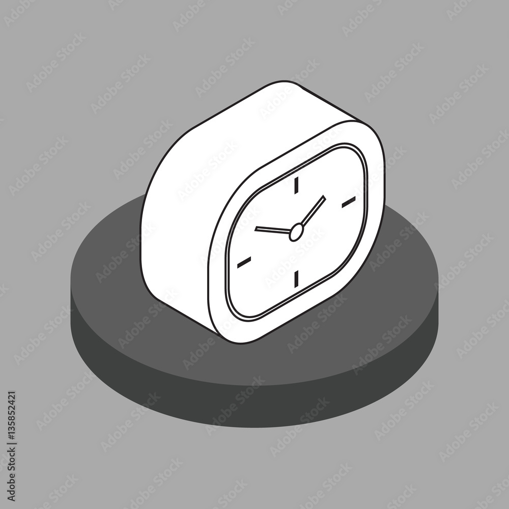 Vector black and white analog desk clock. Outlines in isometric view ...
