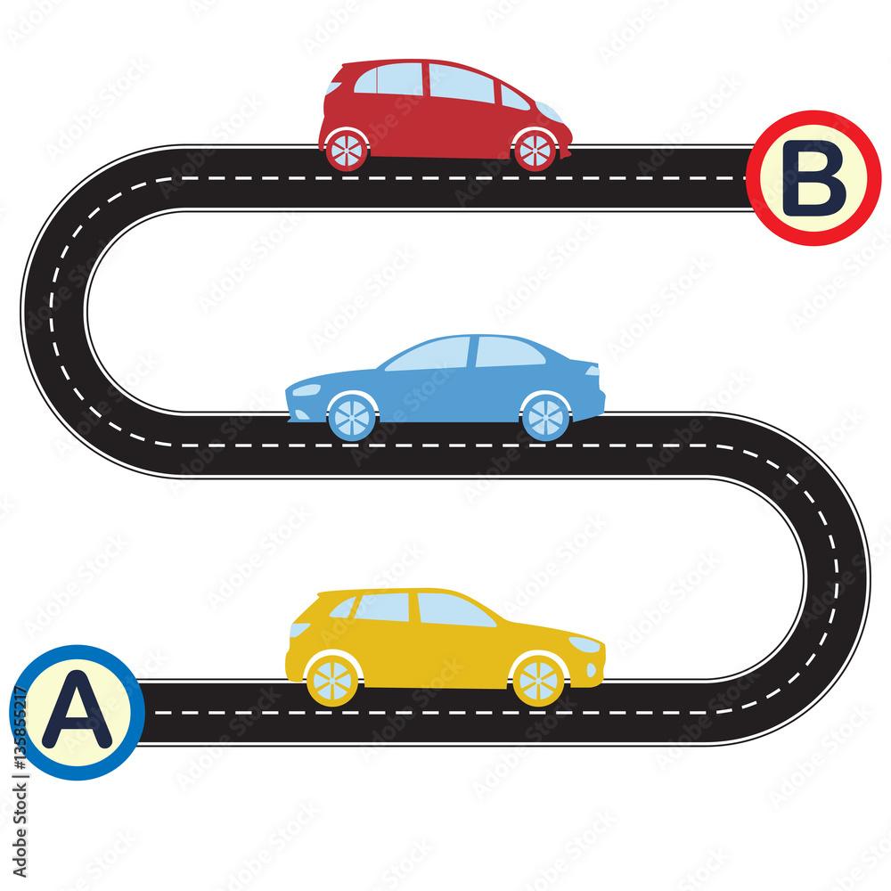 Road with cars going from point A to point B . Vector illustration of ...