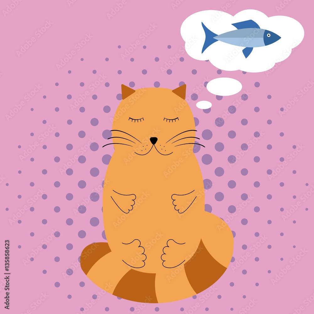 Cat thinking of fish. Purple background.Vector. Stock Vector | Adobe Stock