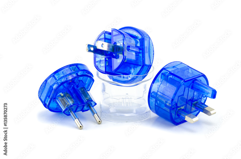 transparent and blue color universal adapter isolated white background ...