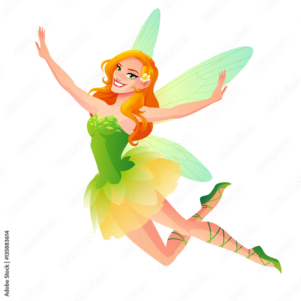 Vector cute flying floral fairy with wings in green dress. Stock Vector ...
