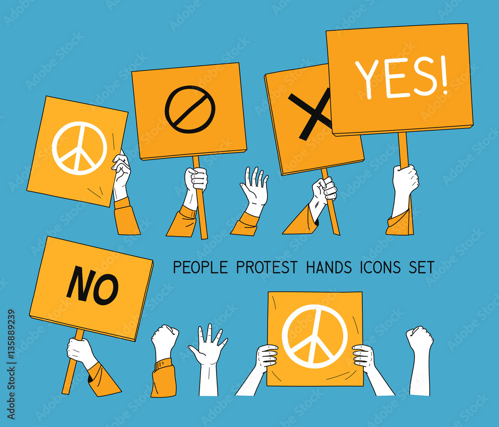 people protest hands set with banners. isolated vector illustration ...
