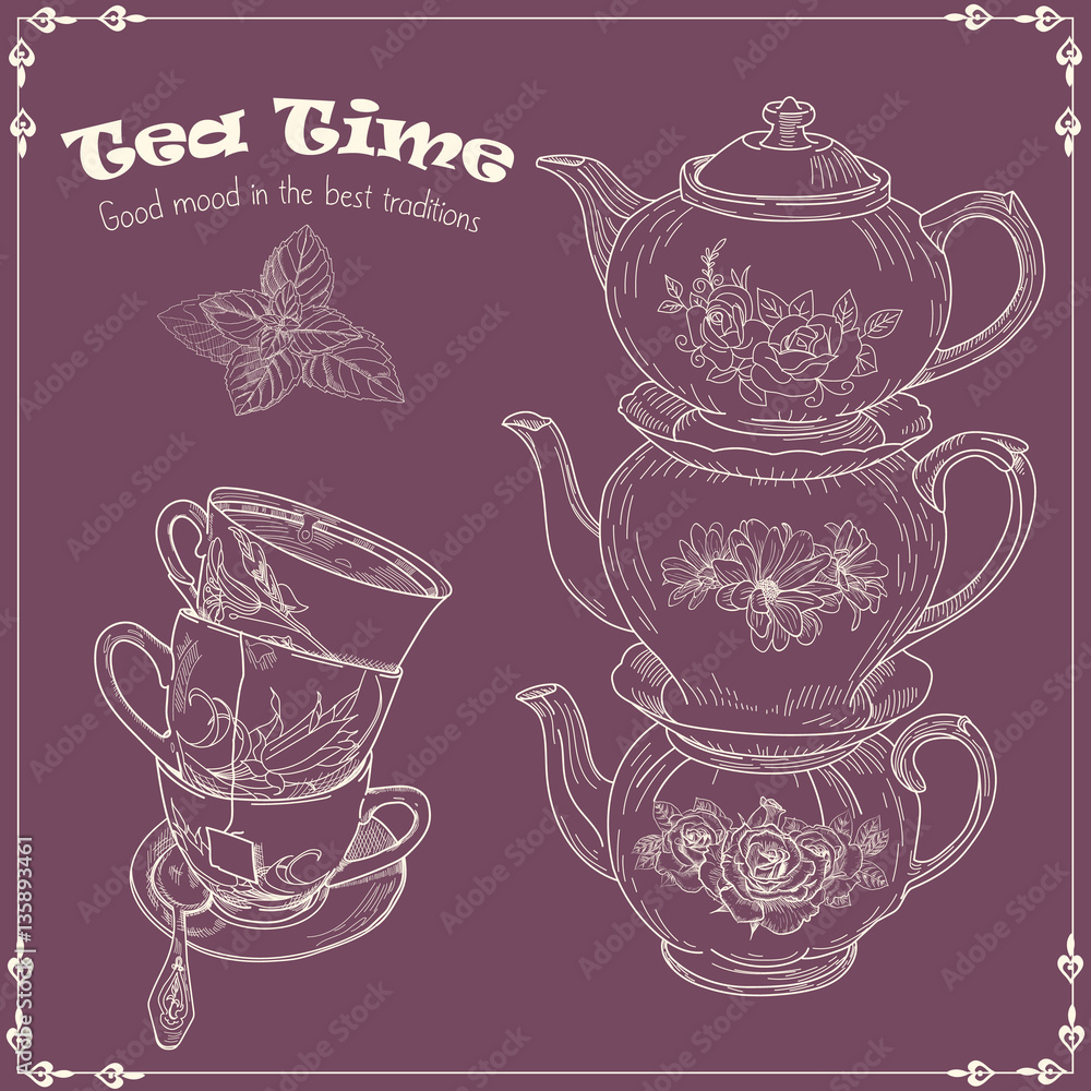 Tea time. Vintage card the tea party. Teakettle and cup set dishes ...