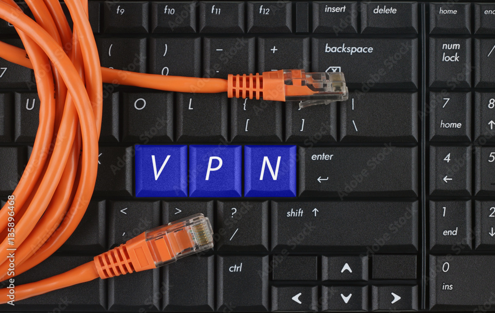 Blue keyboard buttons with virtual private network symbol. The network ...