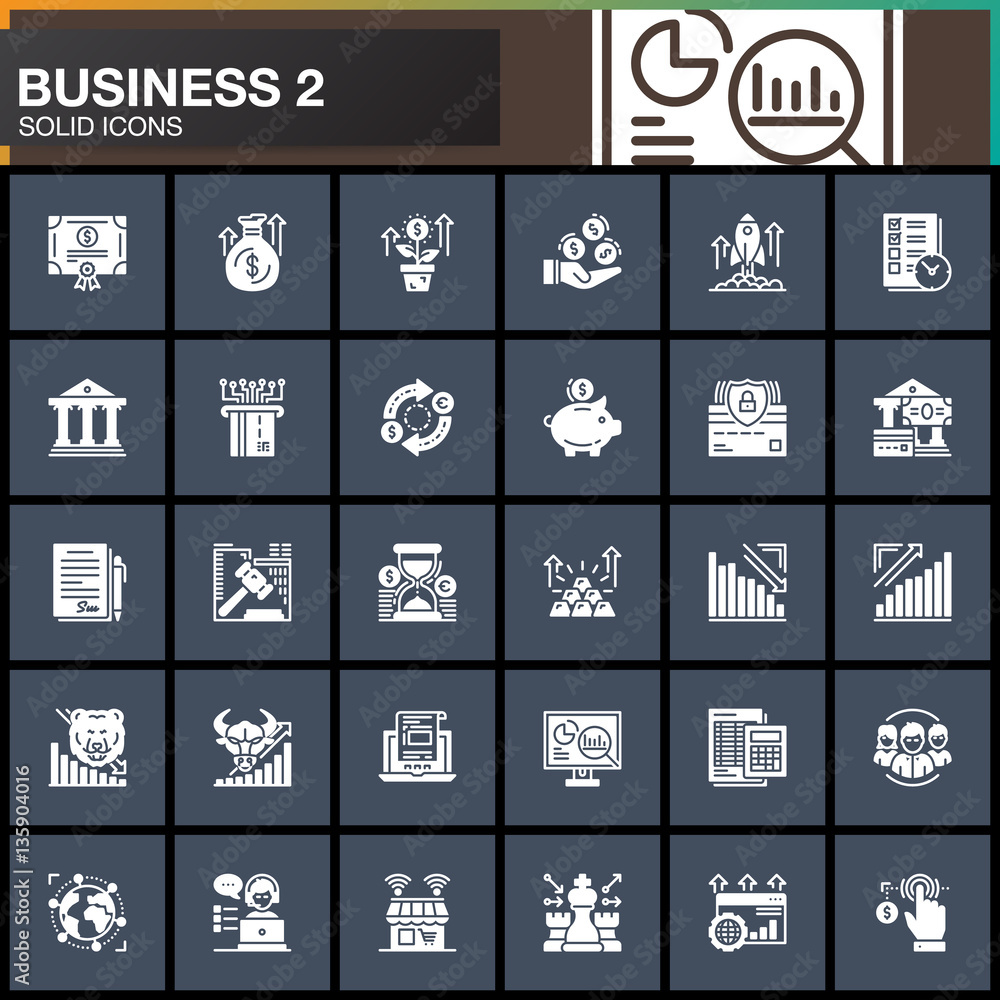 Business, finance, money vector icons set, modern solid symbol ...