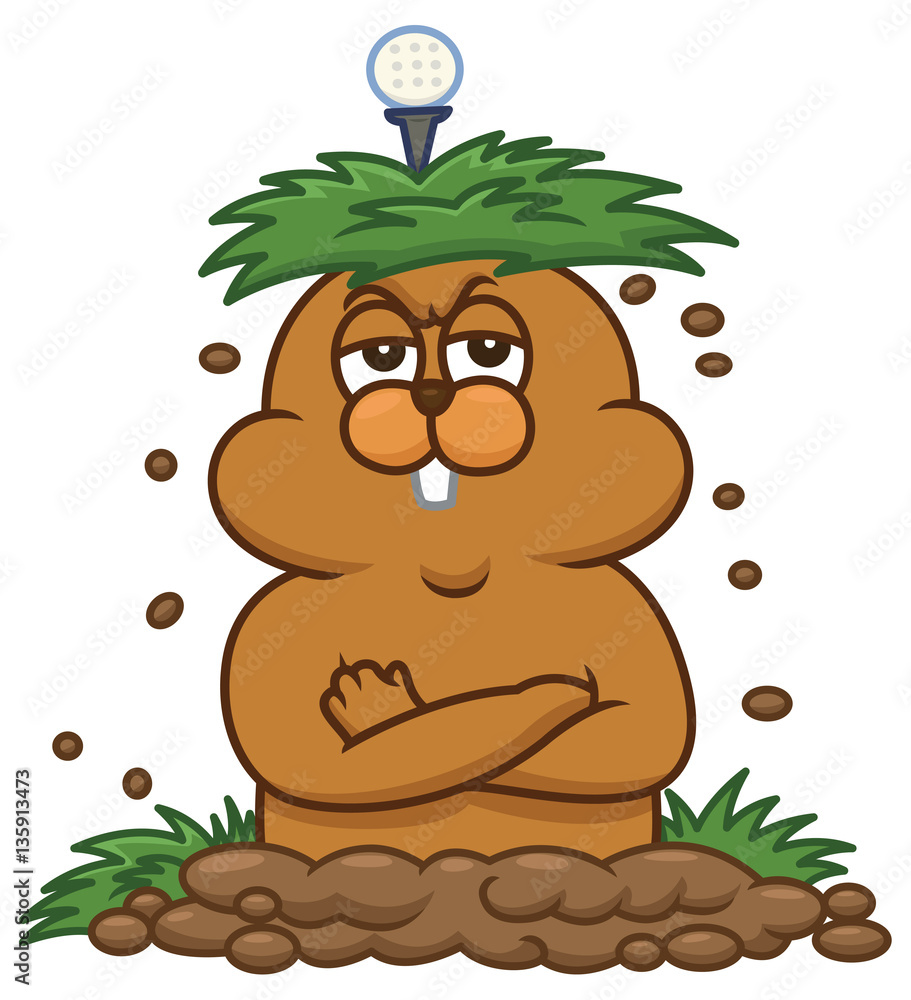Vetor de Angry Groundhog with Grass and Golf Ball on His Head Cartoon ...