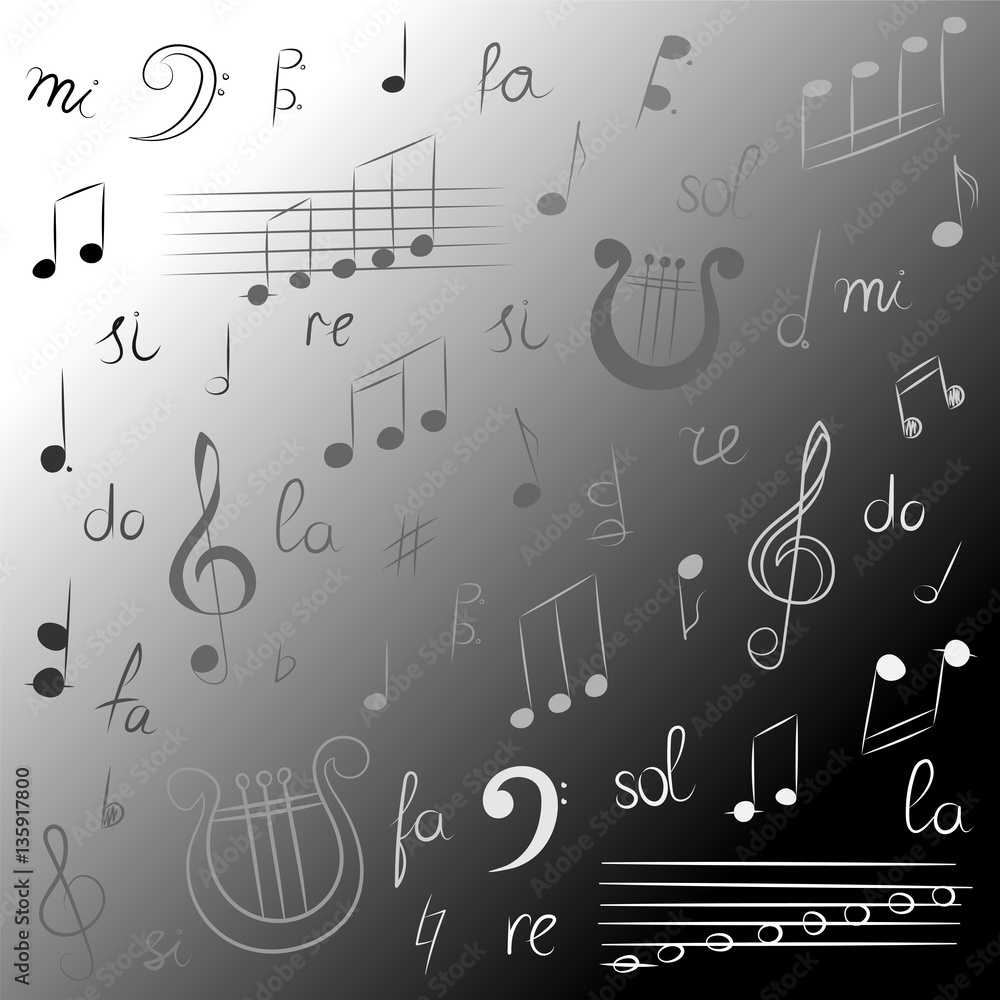 Hand Drawn Set of Music Symbols. Monochrome Doodle Treble Clef, Bass ...
