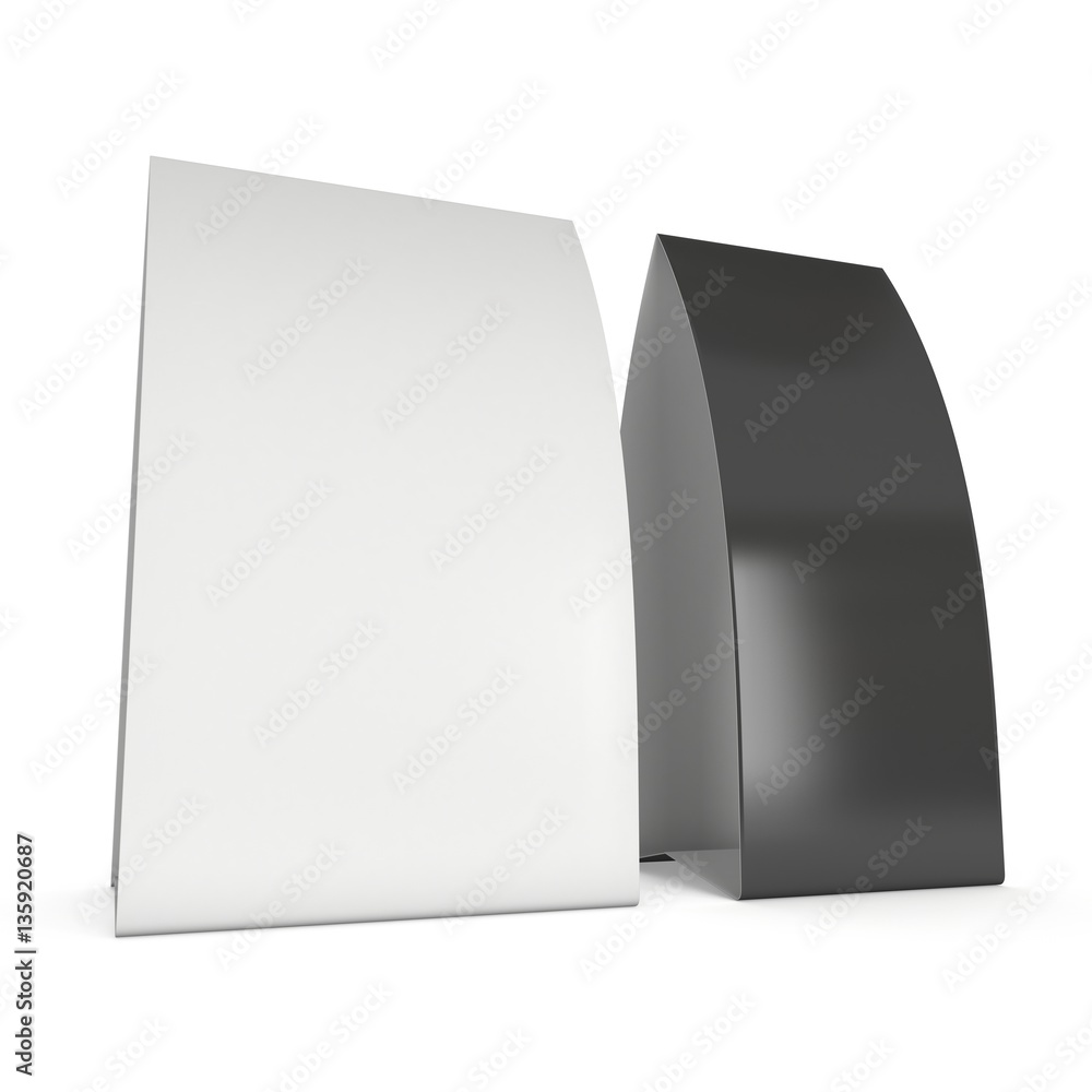 Two blank paper tent cards. 3d render illustration isolated. Table ...
