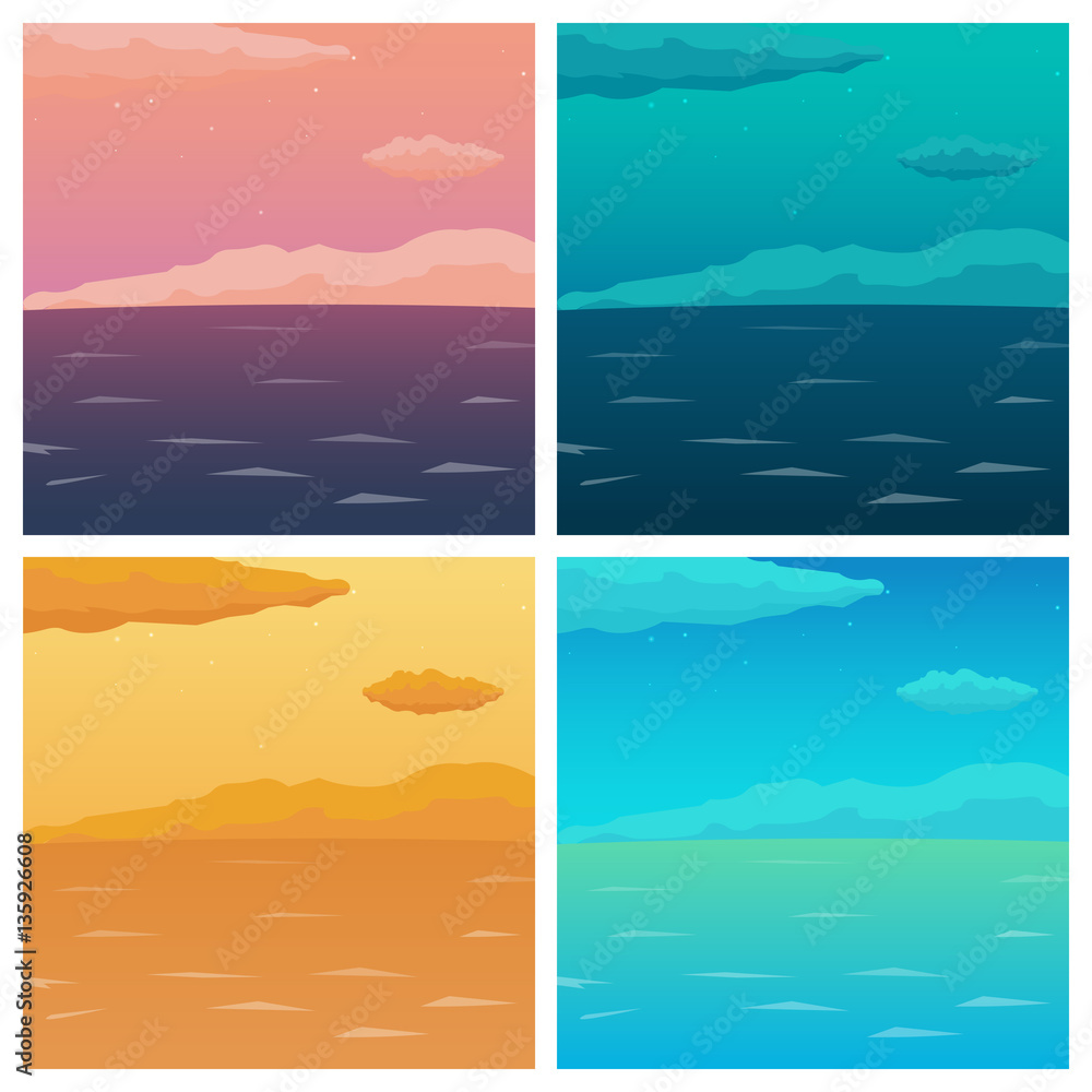 Set of Sea background with waves and clouds. Vector flat illustration ...
