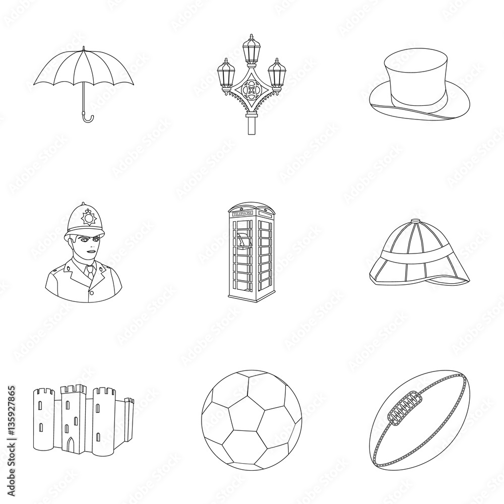 England country set icons in outline style. Big collection of England ...
