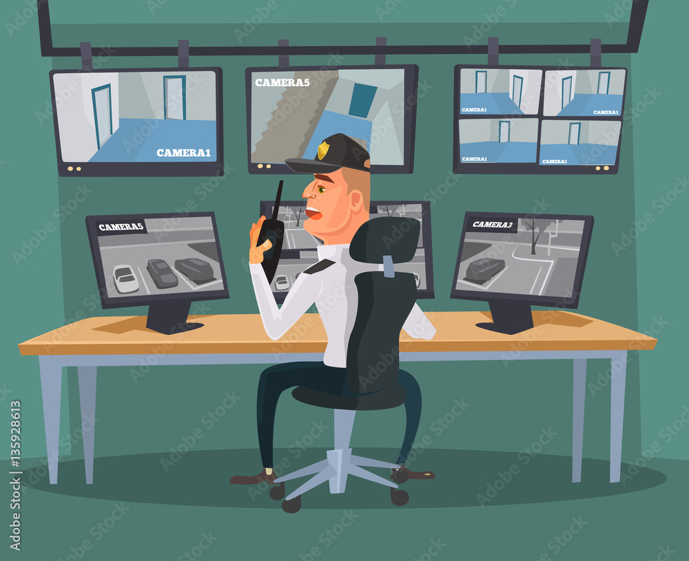 Security guard character watching cameras. Vector flat cartoon ...