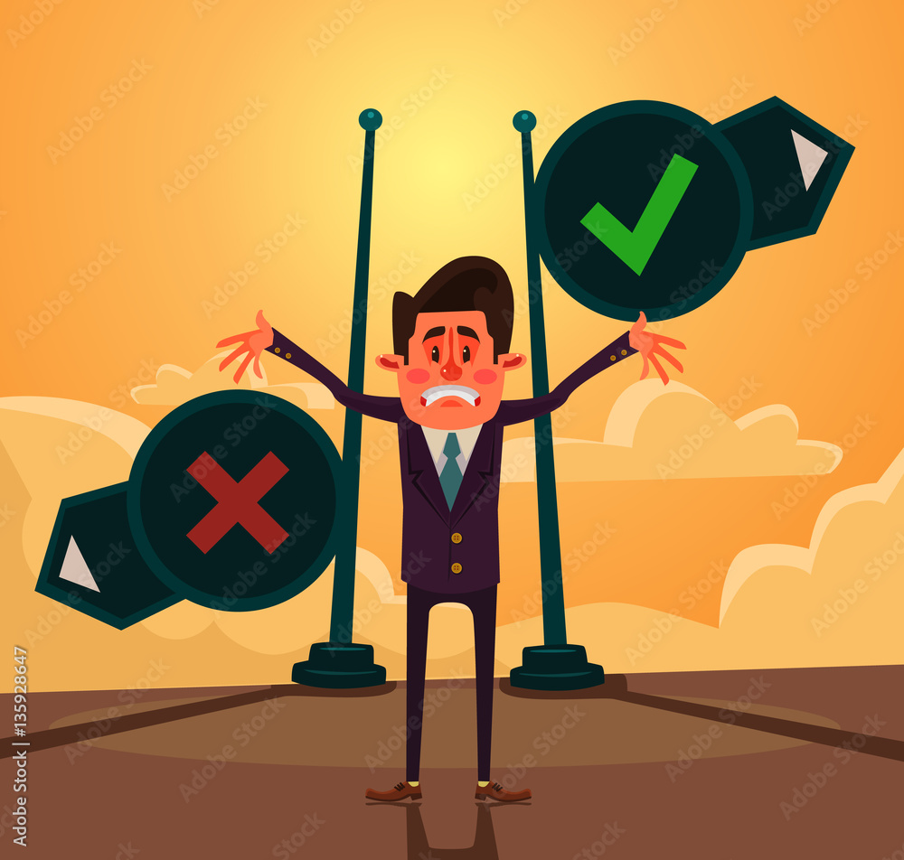 Yes or no choice. Thinking businessman character. Vector flat cartoon ...