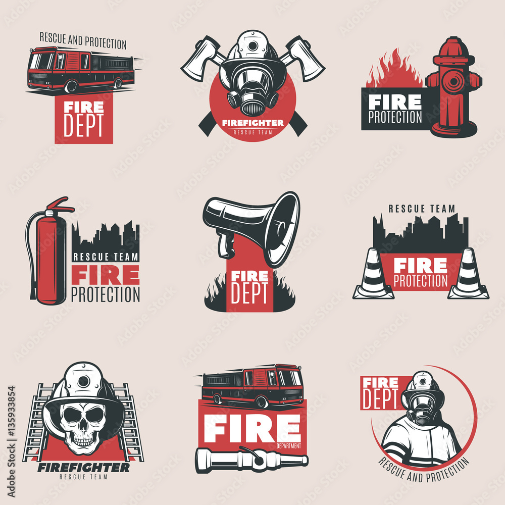 Vintage Fire Protection Logos Set Stock Vector | Adobe Stock