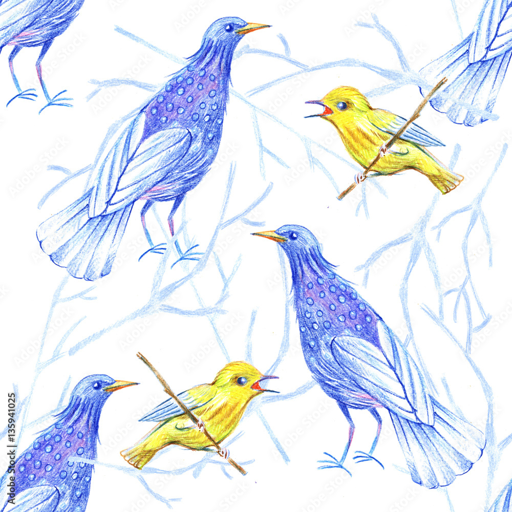 Birds, drawing, illustration, seamless pattern Stock Illustration ...