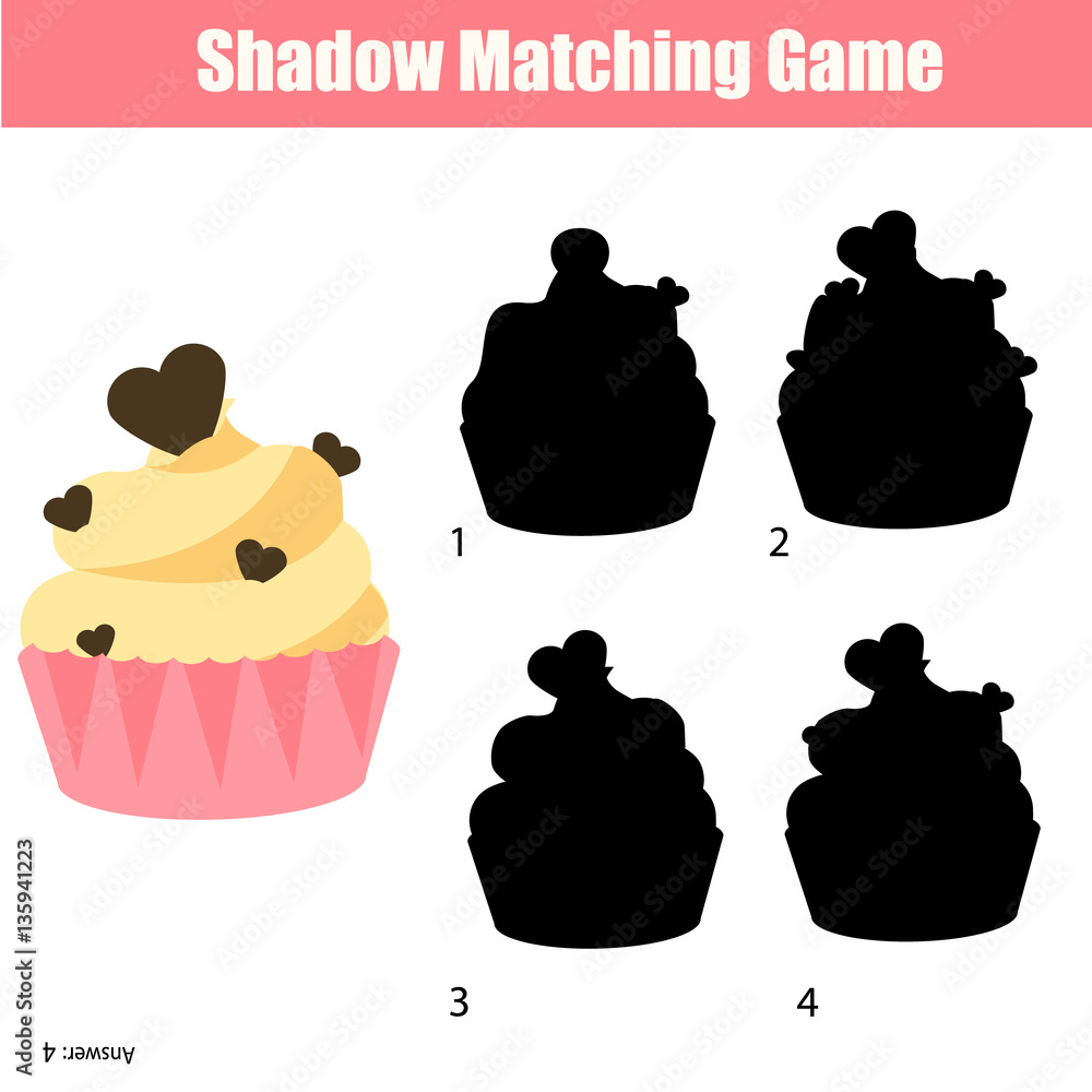 Shadow matching game. Find the correct silhouette for cupcake, kids ...