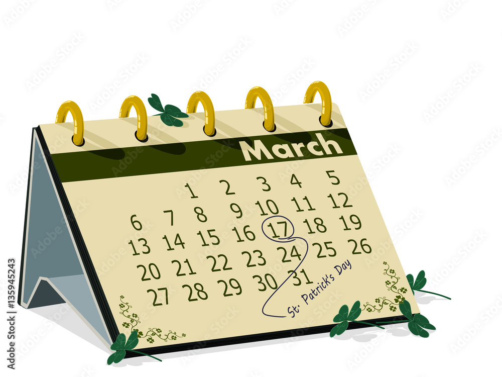 March calendar with St. Patrick's day marking on transparent background ...