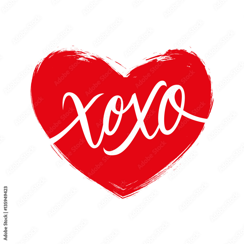 Handwritten phrase XOXO, hugs and kisses, with brush stroke heart shape ...