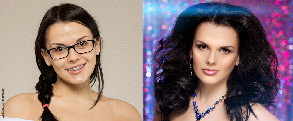 Before after. Nerd girl turns into a beauty queen. Ugly duck. Beauty ...