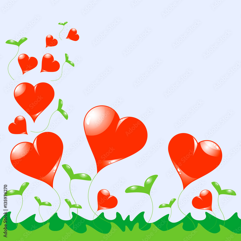 Vector separated growing heart on light blue background with grass ...