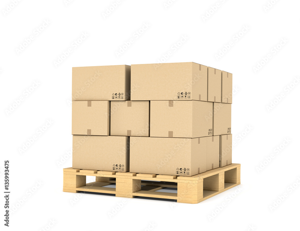 Rendering of several carton boxes stacked evenly on a double-decked ...