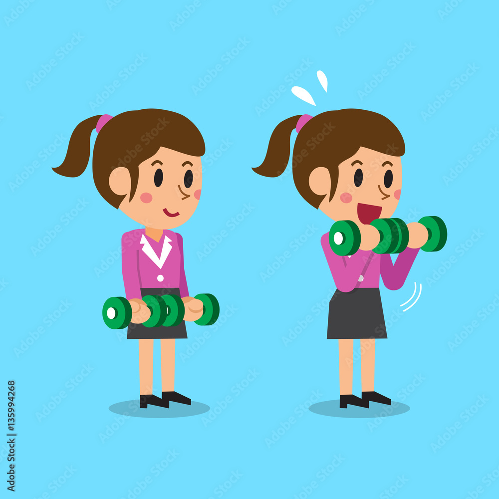 Cartoon businesswoman doing dumbbell bicep curls step training Stock ...
