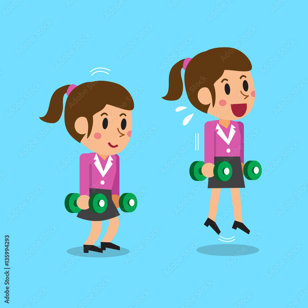 Cartoon businesswoman doing dumbbell calf jump exercise step training ...