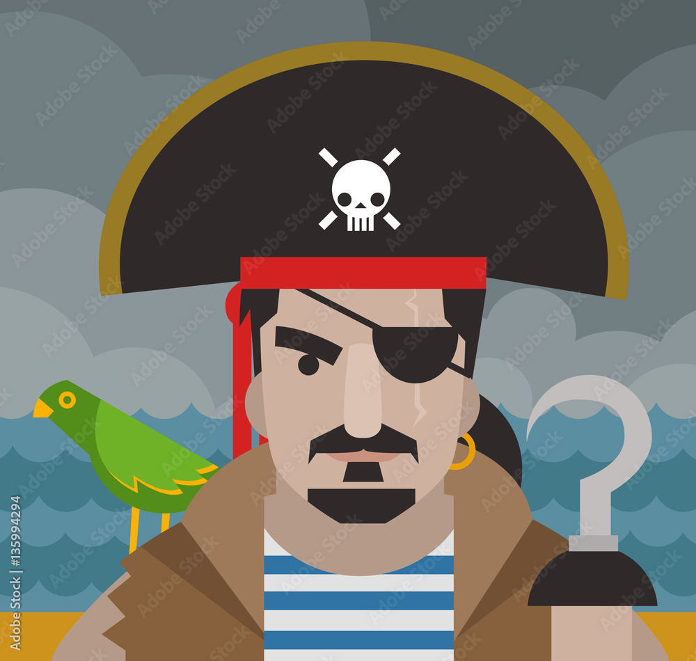 bad pirate with hook skull hat and parrot in the sea Stock-Vektorgrafik ...