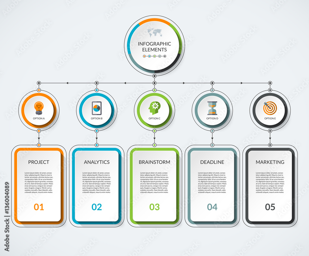 Infographic template with 5 option circles and columns. Modern ...
