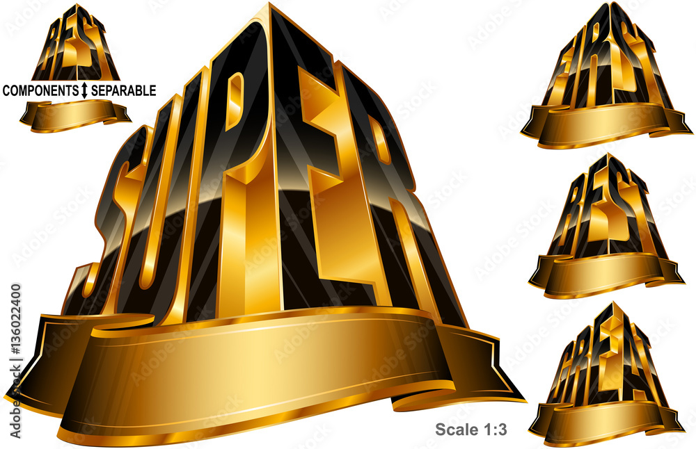 Great, best, first, Super; Awards of winning word minted from gold with ...