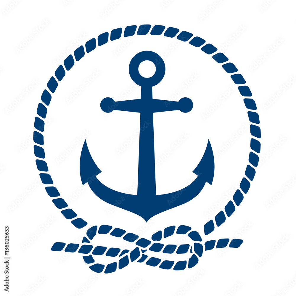 Icono plano ancla con circulo de cuerda azul en fondo blanco Stock ...
