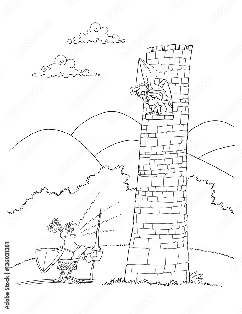 Knight calls the princess that she is in the tower ilustração do Stock ...