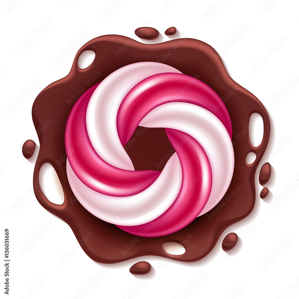 Round swirl candy on chocolate splash background. Stock Vector | Adobe ...