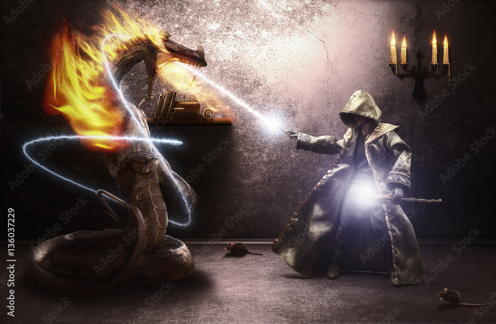 Wizard casting a spell on a fantasy monster. It is a doll, not a real ...