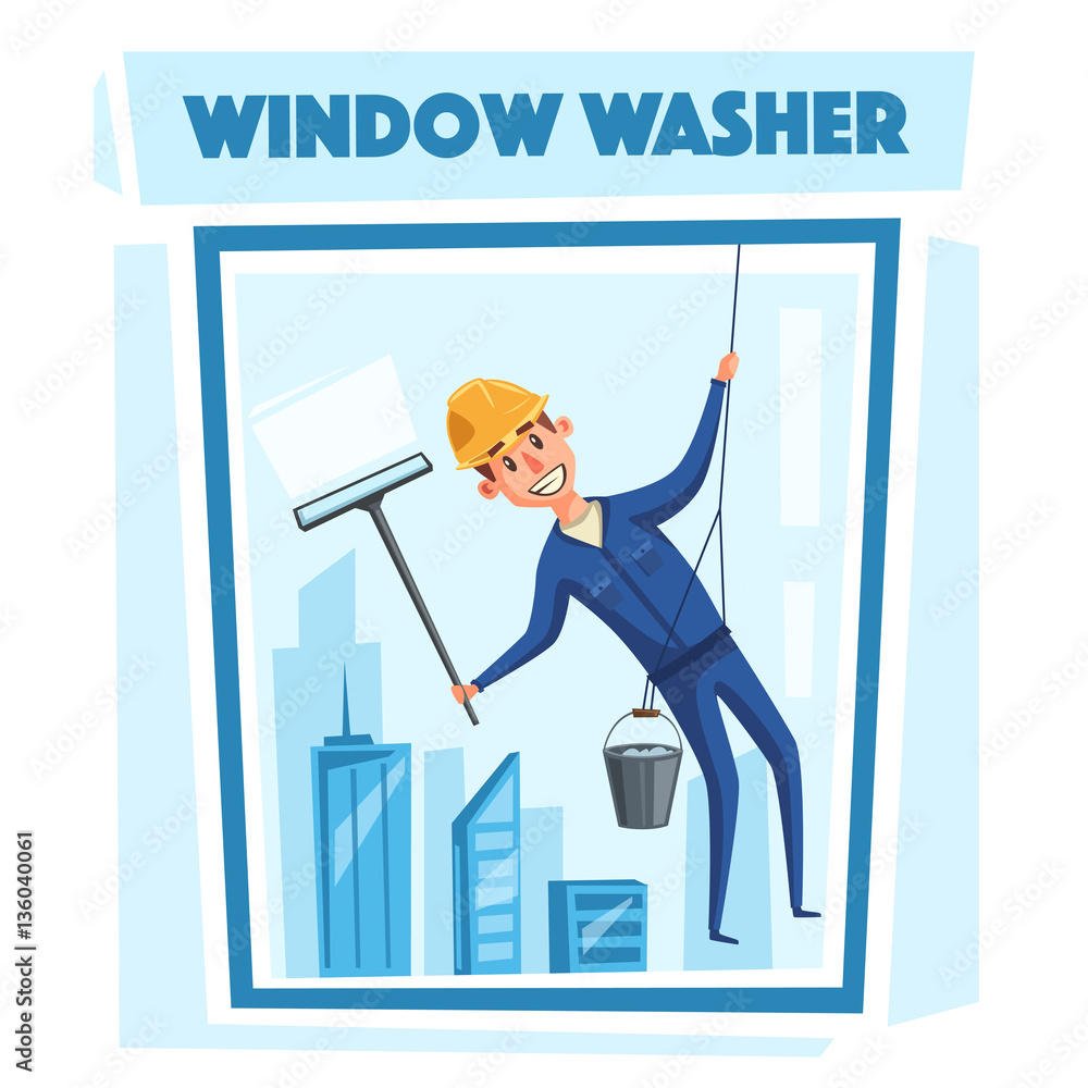 Profesional worker cleaning windows. Cartoon vector illustration Stock ...