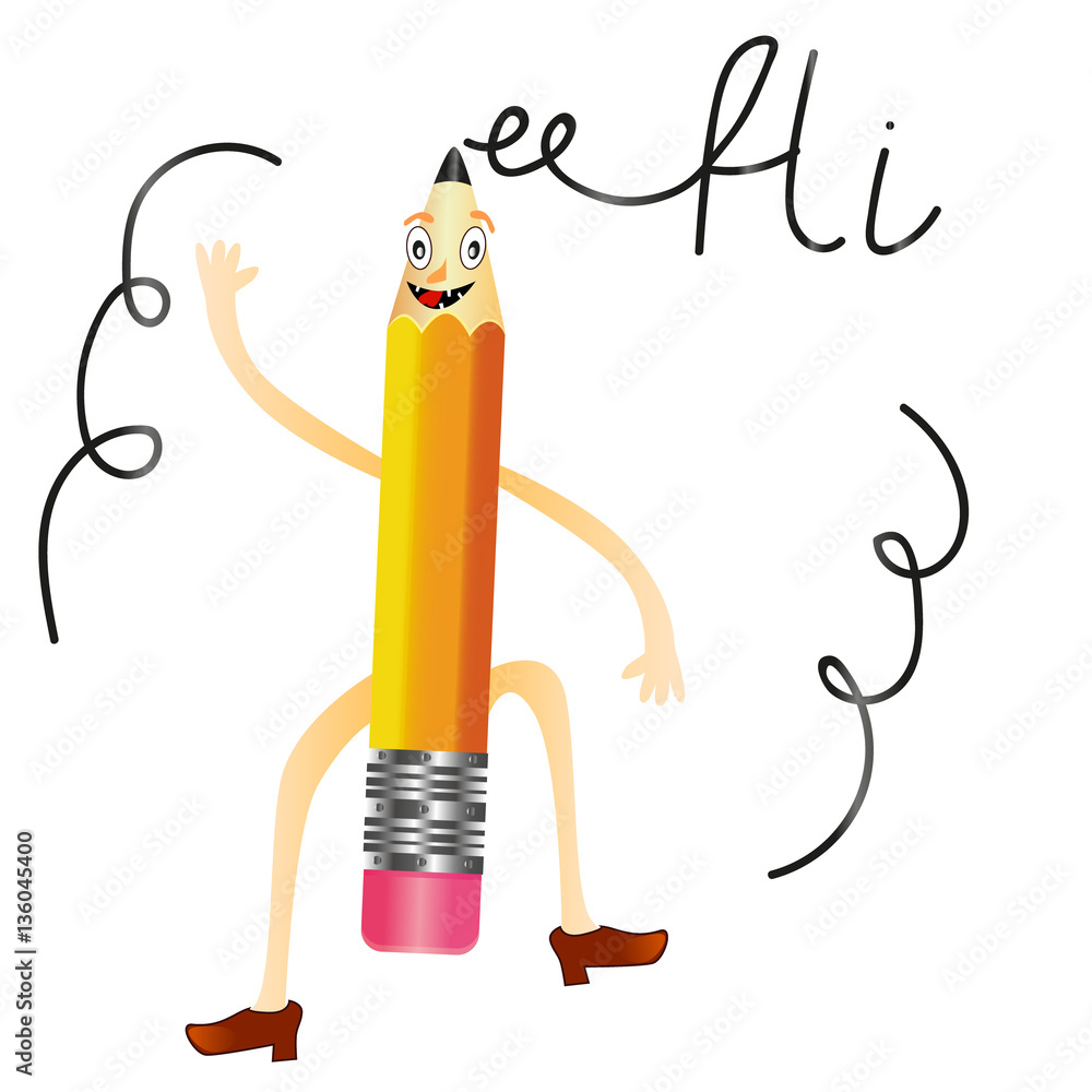 Dancing pencil with funny face, hands and lags writing Hi Stock Vector ...