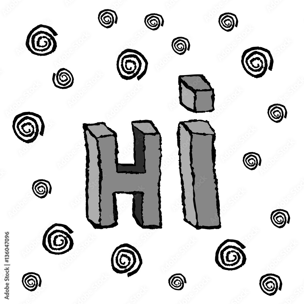 Hand-drawn word Hi in grey color on white background with spirals ...