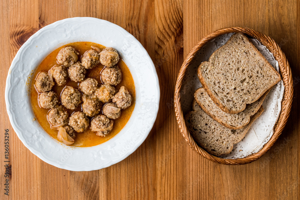 Turkish food Sulu Kofte / Juicy Meatballs with bran bread. Stock Photo ...