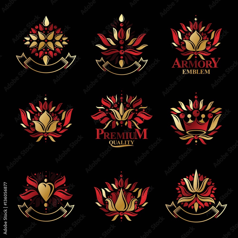 Royal symbols, Flowers, floral and crowns, emblems set. Heraldic Stock ...