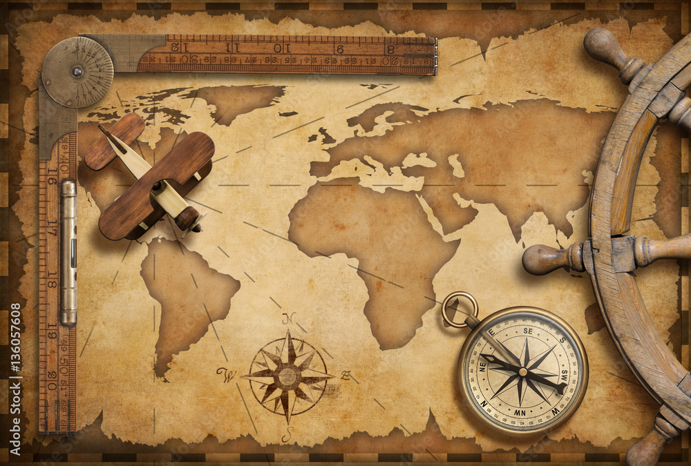 Old nautical map still life as adventure, travel and exploration theme ...