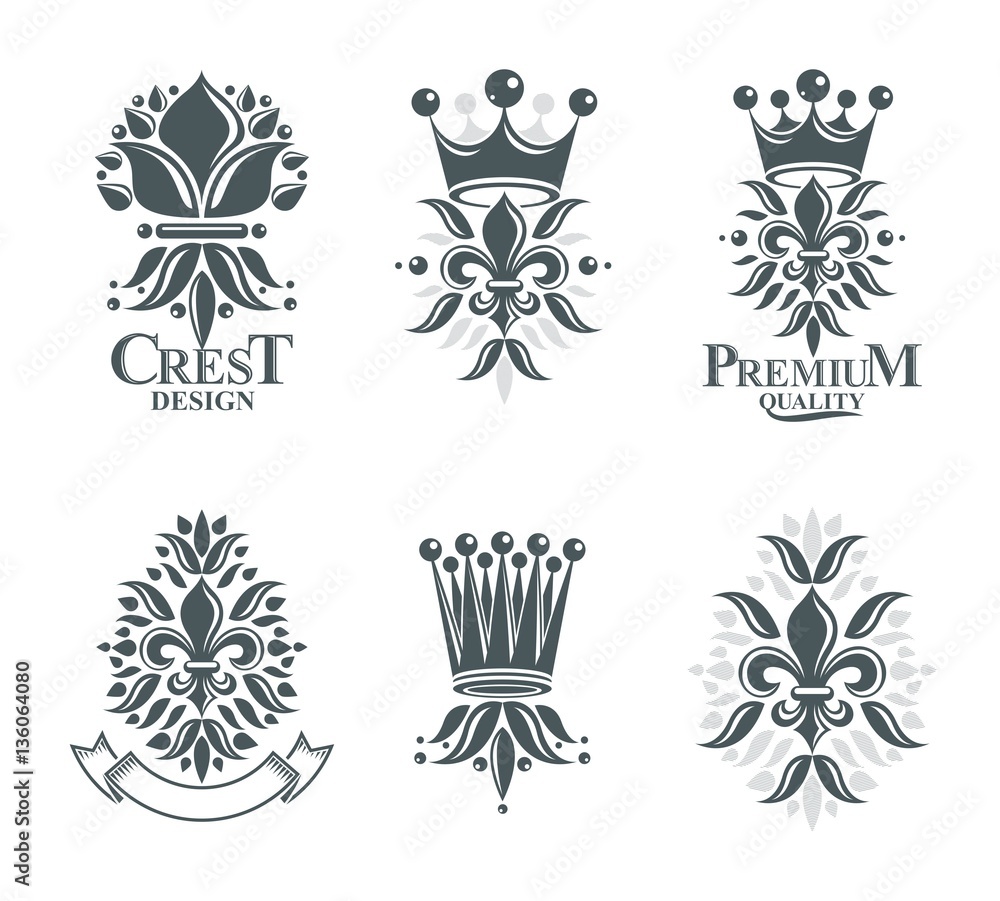 Royal symbols Lily Flowers, floral and crowns, emblems set. Hera Stock ...