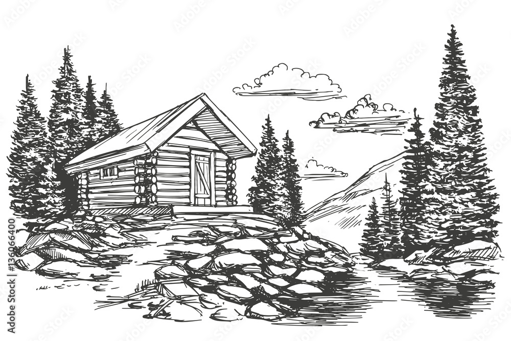 house in mountain landscape hand drawn vector illustration realistic ...