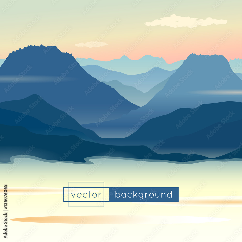 Vector landscape with sunrise, mountains, lake and clouds in gradient ...