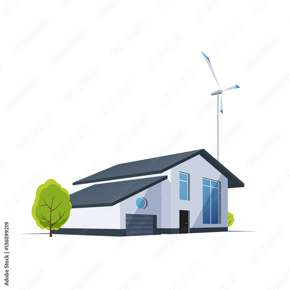 Perspective of the house with wind turbine on background. Green energy ...