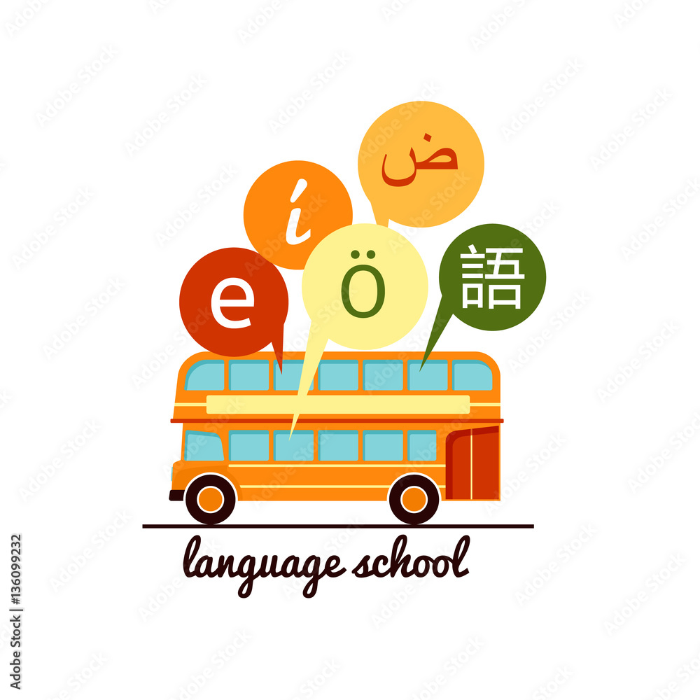Vector illustration of languages school icon. Speech bubbles with ...