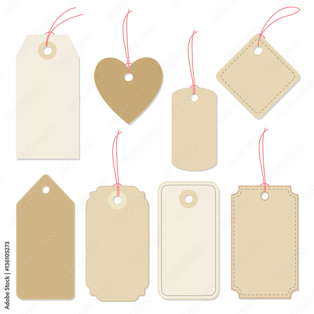 Set of various blank paper tags, labels with strings. Isolated vector ...