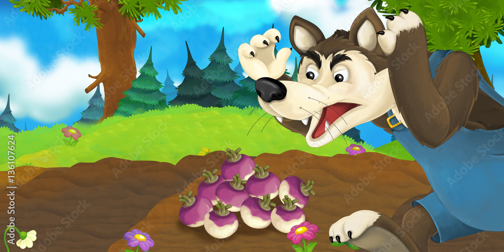Cartoon scene with happy wolf on the meadow - illustration for children ...