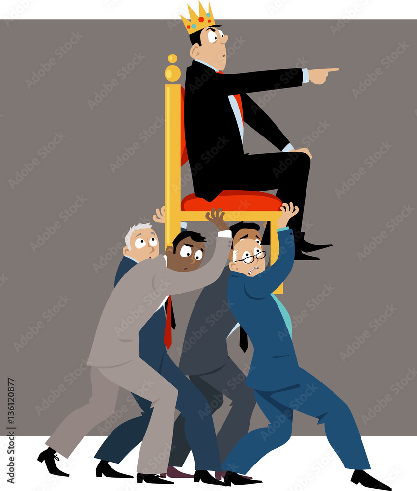 Team of businessmen carrying a throne with a leader in a crown pointing ...
