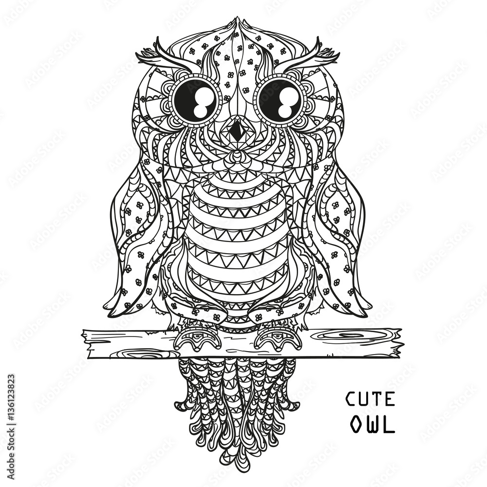 Owl. Design Zentangle. Hand drawn owl with abstract patterns on ...
