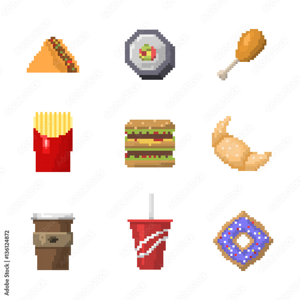 Pixel art fast food icons vector. Stock Vector | Adobe Stock
