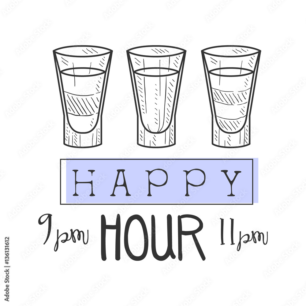 Bar Happy Hour Promotion Sign Design Template Hand Drawn Hipster Sketch ...